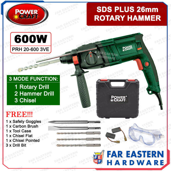 POWERCRAFT Rotary Hammer Drill 26mm 600W SDS Plus 3 Function PRH 20-600 ...