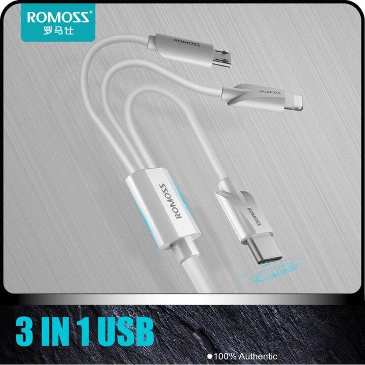 Romoss CB25V 1.2M 3 in 1 USB Fast charging Cable 8pin /Micro USB /Type ...