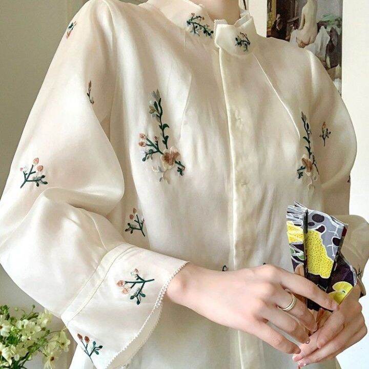 Lanties เสื้อผู้หญิงแขนยาวปักลายดอกไม้,เสื้อคอตั้งแต่งระบายผ้านุ่ม ...