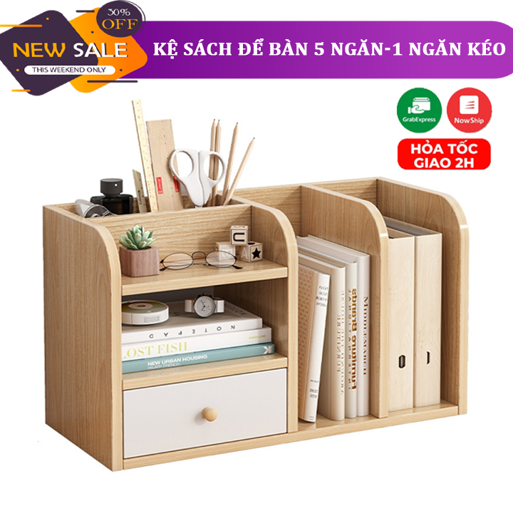 Kệ sách để bàn 5 ngăn - 1 ngăn kéo cao cấp, kệ để bàn mini đa năng, kệ ...