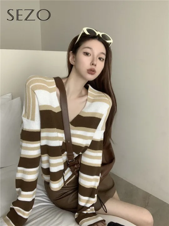 SEZO สไตล์เกาหลีหลวมลายถักคาร์ดิแกนแขนยาวสำหรับผู้หญิง | Lazada.co.th