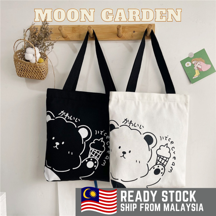 Ready Stock Canvas Bag with Zip | Bear Shoulder Bag | Tuition Bag for ...