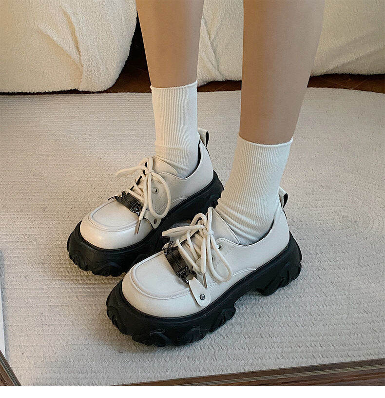 💥sheng miao thailand💥 ฤดูใบไม้ผลิใหม่แพลตฟอร์มหนารองเท้าหนังขนาดเล็กผู้หญิงหัวกลมผูกเชือกรองเท้า ...