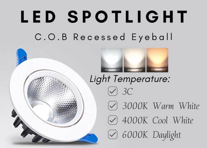 7W LED 3 Color Spotlight Adjustable Eyeball Recessed Downlight LED ...