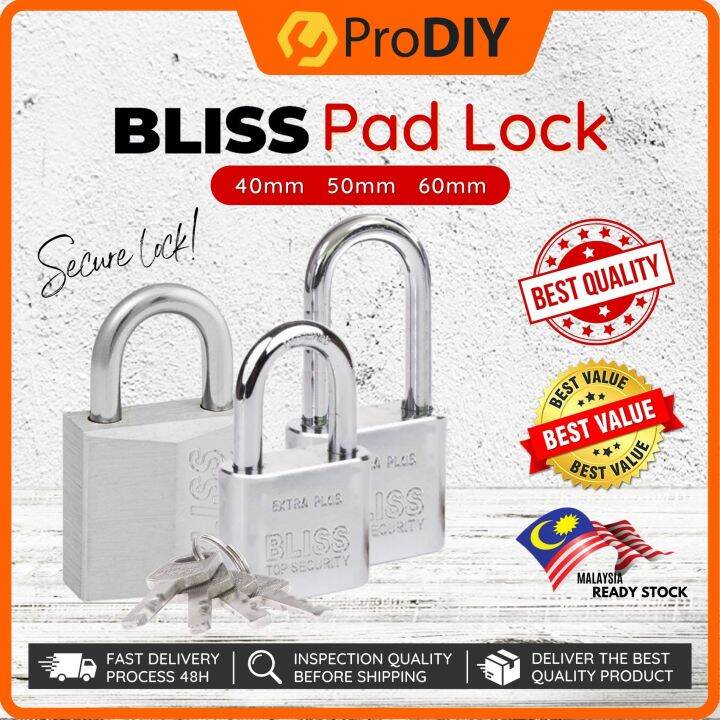 BLISS Chrome Padlock Long Shackle Heavy Duty Diamond Pad Lock Anti Rust ...