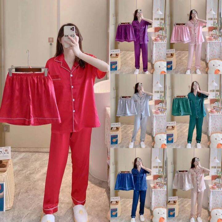 3in1 Terno Pajama Silk Korean couples Plain Color short sleeve cute ...