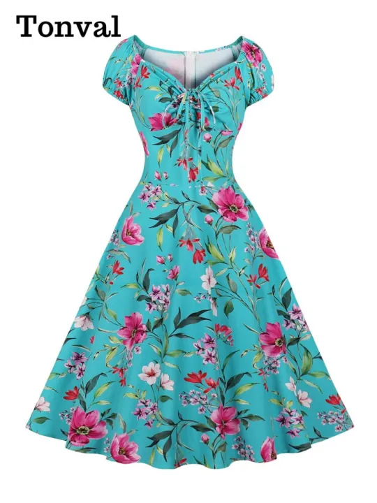 Tonval Sweetheart Neck Drawstring Front Floral Print Evening Party