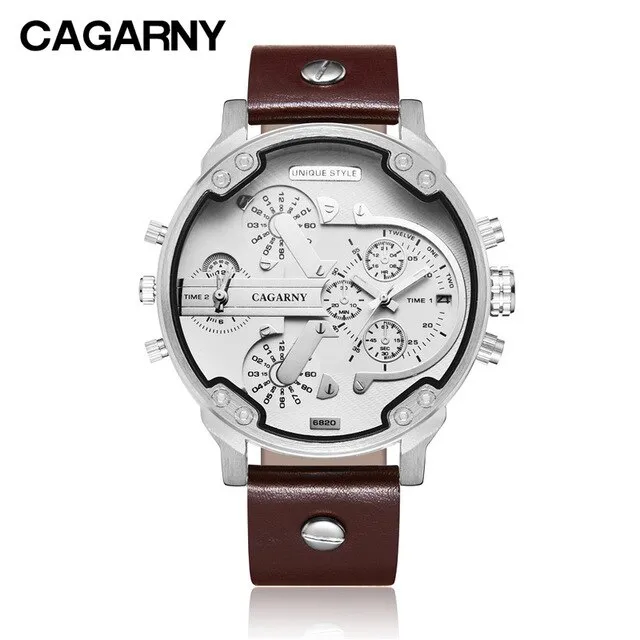 Cagarny Top Brand Men Watch Quartz Dual Time Display Calendar Leather ...