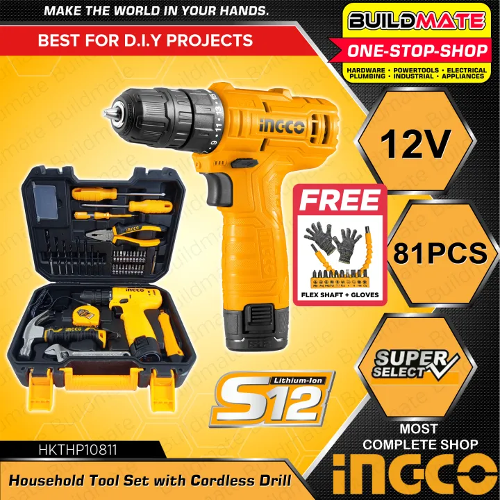 INGCO 81PCS DIY Household Tools Set with Cordless Drill 12V HKTHP10811 ...