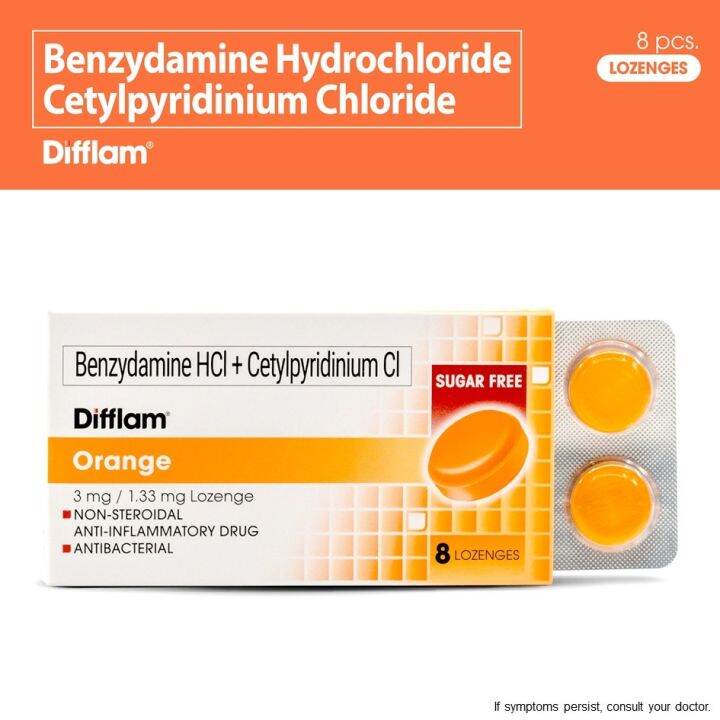DIFFLAM 1 pack (8 lozanges) Benzydamine HCL Cetylpyridinium HCL 3mg/1 ...