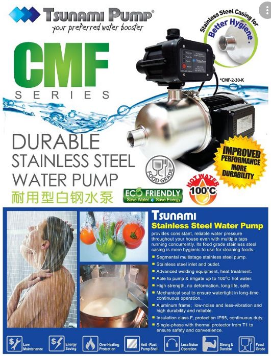 Tsunami CMF2-30-K Food Grade Stainless Steel Casing Home Auto Booster Pressure Water Pump | Lazada
