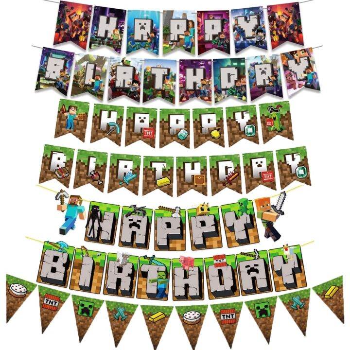 Minecraft Pixels Game Happy Birthday Cardboard Banner Set with Ribbon ...