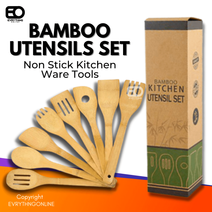 8 pcs Bamboo Non Stick Sandok, Tongs, Spoon, Spatula, Fork Set With ...