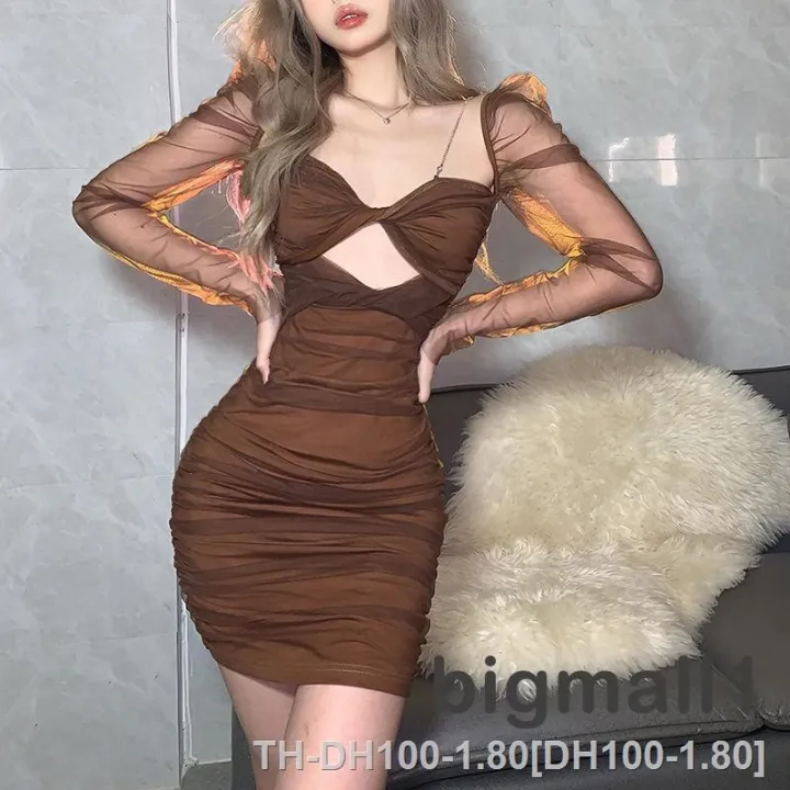 DH100-1.80 Fj☽ชุดเดรสรัดรูป แขนยาว ผ้าตาข่าย จับจีบ รัดรูป สะโพก เหมาะกับฤดูใบไม้ผลิ ฤดูร้อน ...