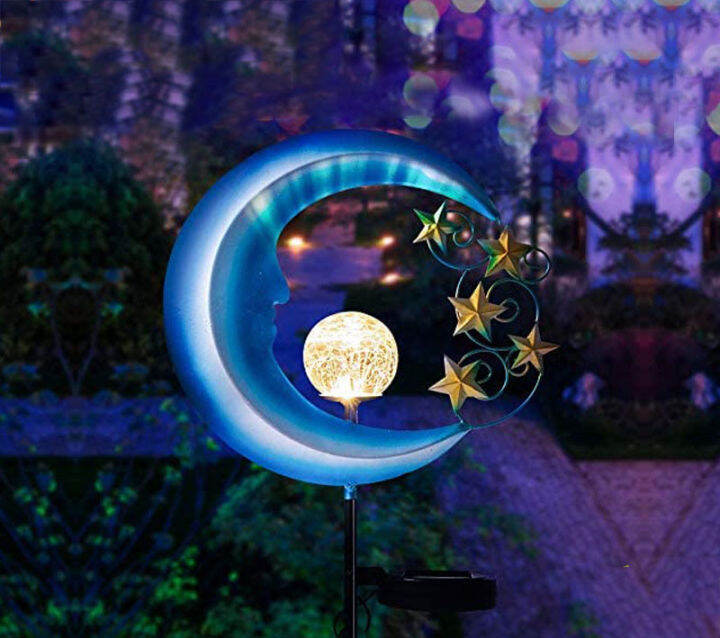 Solar Wrought Iron Moon Light Solar Wrought Iron Hollow Moon Blue Star ...