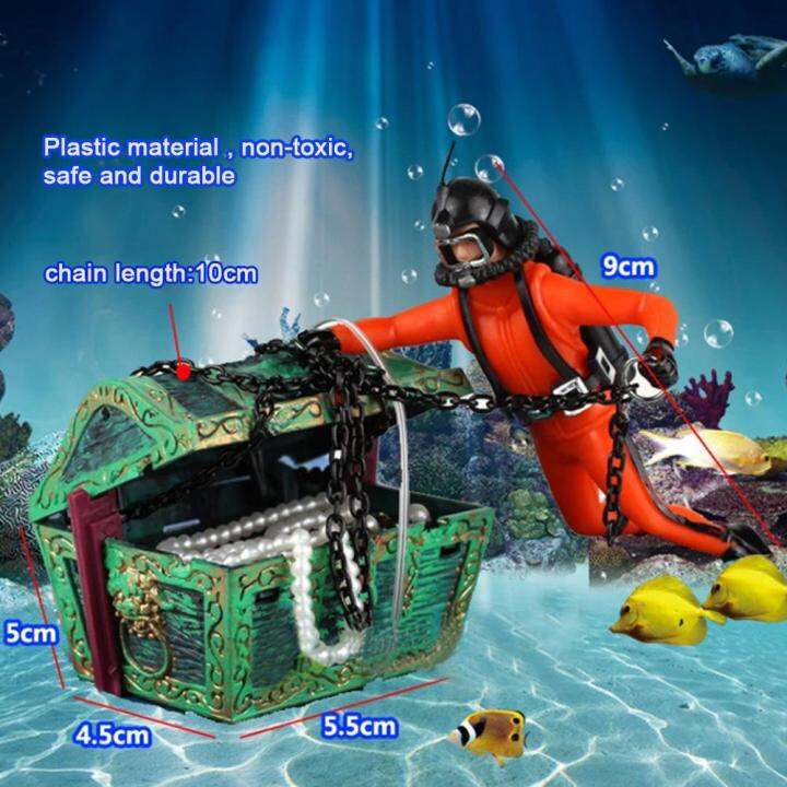 Floating Diver Ornament Aquarium Decoration with Moving Treasure Chest ...