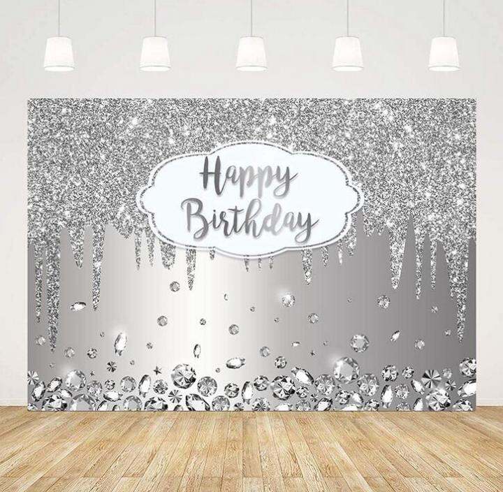 Happy Birthday Backdrop Dripping Glitter Crystal Diamond Silver Photo ...