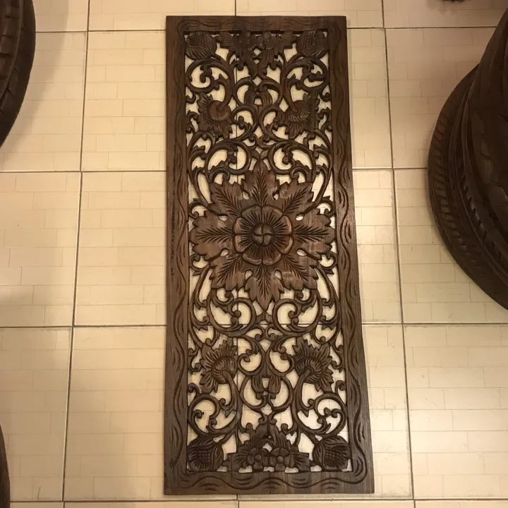 ( แบบที่ 2 ) แผ่นไม้สัก ไม้สักแกะสลัก ลายดอกไม้ ขนาด 35x90 cm. แผ่นไม้ฉลุ ไม้สักฉลุ ไม้แกะสลัก ...