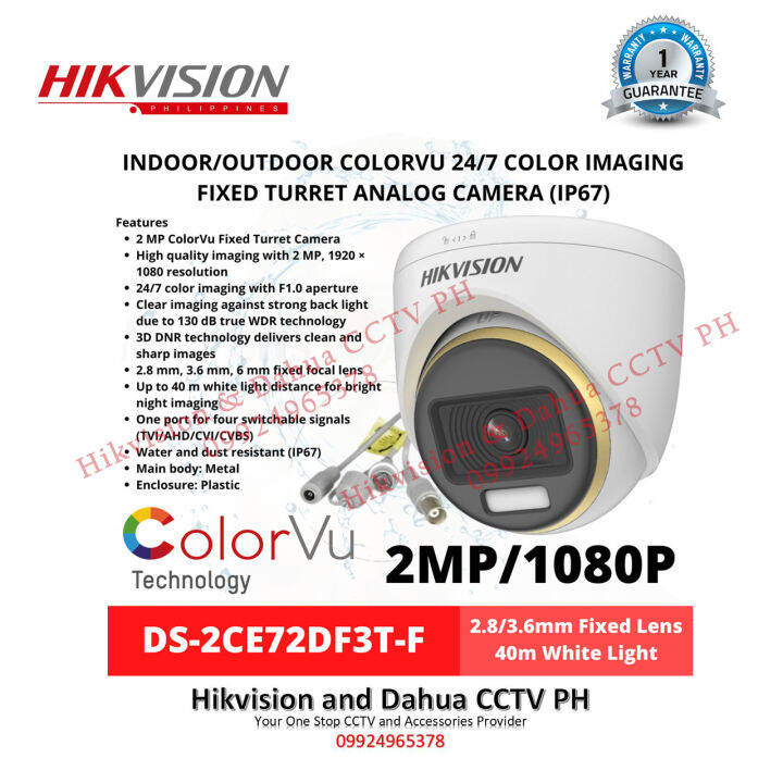 1080P 24/7 Colored Captured Hikvision ColorVu DS-2CE72DF3T-F Outdoor ...