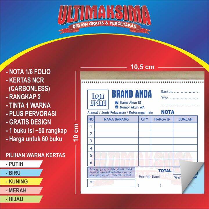 Nota Custom NCR - 2 Rangkap - 1 Warna - 10x10 cm - 1/6 Folio - isi 50 ...