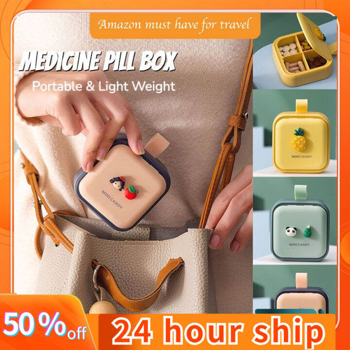 Travel Cute Pill Case 4 Grids With stickers Pill Organizer Box Portable ...