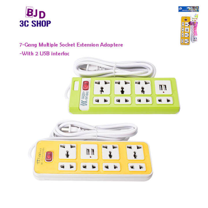 7-Gang Multiple Socket Extension Adapter with Switch with 2 USB ...