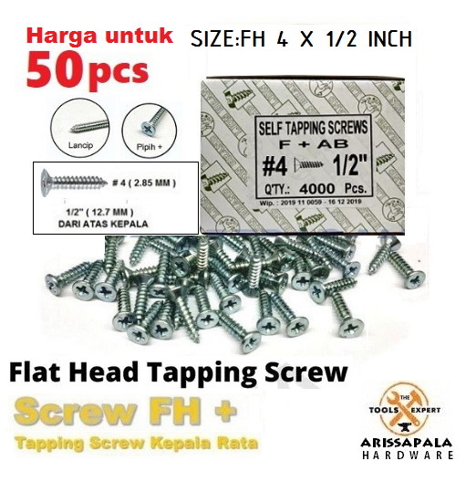 Skrup Tapping 4x1 Per 2 inch 50 pcs Sekrup FH 4 X Setengah inch Kepala ...