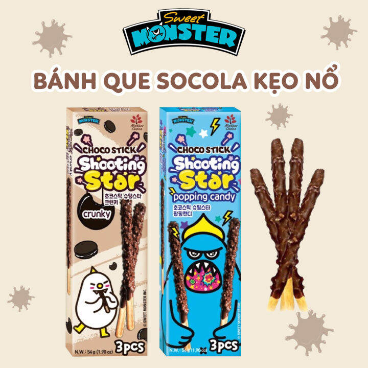 Bánh que socola bọc gạo giòn & kẹo nổ Sweet Monster, pocky choco sticks shooting star hộp 3 ...