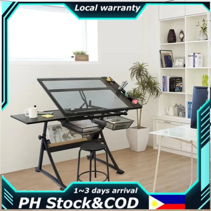 ♟【COD】Drafting glass table with extra side table drawers and leather ...