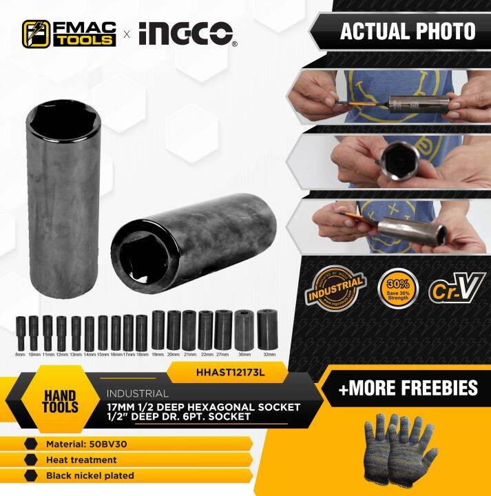INGCO 17mm 1/2 Deep Hexagonal socket 1/2" Deep Dr. 6pt. socket ...