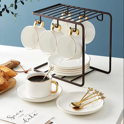 Tea Cup Holder Coffee Mug Storage Rack Light Luxury Gold Rim Cup And ...
