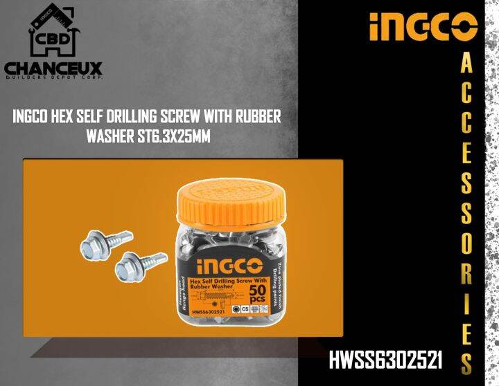 HWSS6302521 INGCO HEX SELF DRILLING SCREW WITH RUBBER WASHER ST6.3X25MM ...
