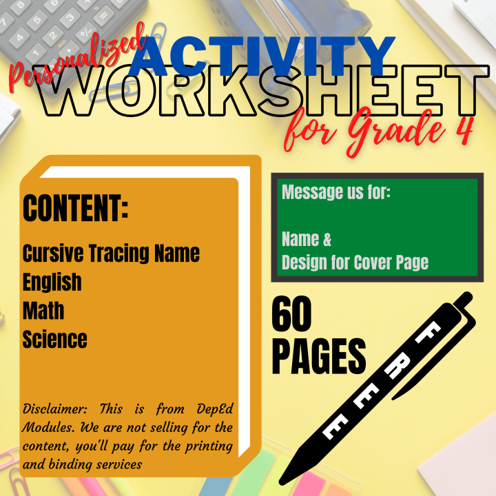 WORKSHEET FOR GRADE 4 PERSONALIZED 60 PAGES With FREE BALLPEN