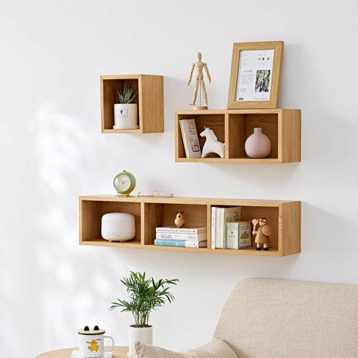 Solid Oak Wood Floating Shelves Wall Storage, Closed Square Bookcase ...