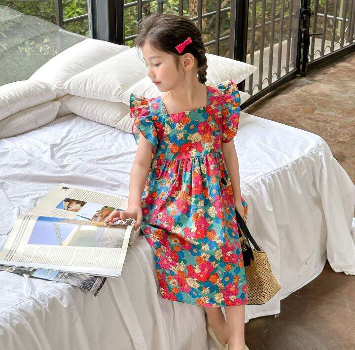 GINANA กระโปรงเด็กหญิงบินแขนและเชือกผูกชุดเจ้าหญิงชุดเดรสลายดอกไม้ | Lazada.co.th