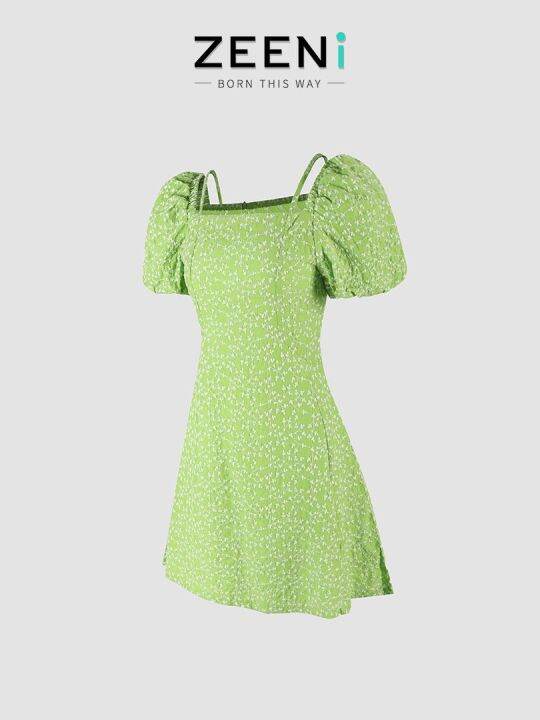 ZEENI เดรสทรงเอแต่งลายด้วยแถบคาดเอวทรงสี่เหลี่ยมคอแฟชั่นของผู้หญิง ...