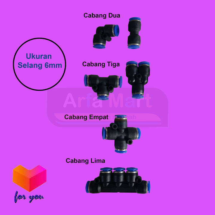 Sambungan selang 6mm / slip lock 6mm / fitting selang 6mm / cabang ...