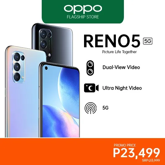 UJ OPPO Reno5 5G Snapdragon 765G 8+128GB 65W Super FastCharge Dual-View Video Smartphone | Lazada PH