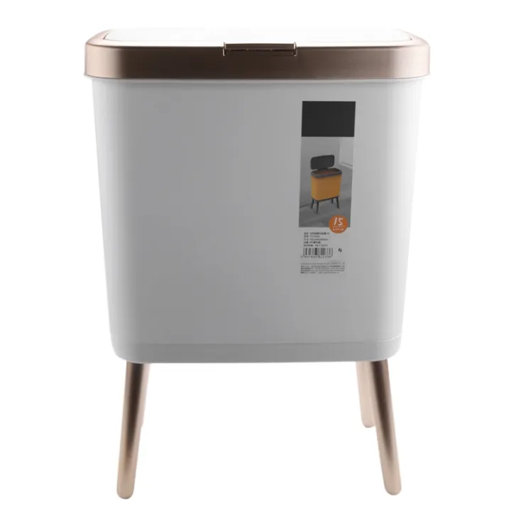 Luxury Fashion White Gold Trash Can 15L Large-Capacity with Lid Dustbin ...