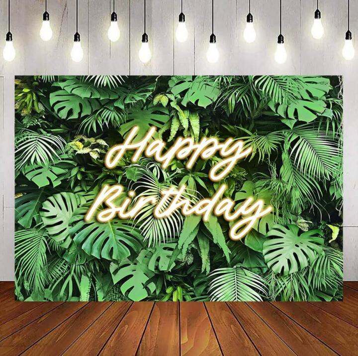 Hawaiian Tropical Palm Leaves Birthday Backdrop Green Leaves Neon Happy ...
