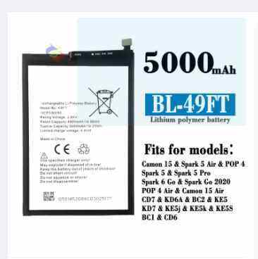 Techno Spark 6 Go/ Camon 18/ Spark Battery BL-49FT/ BL-FX Replacement ...