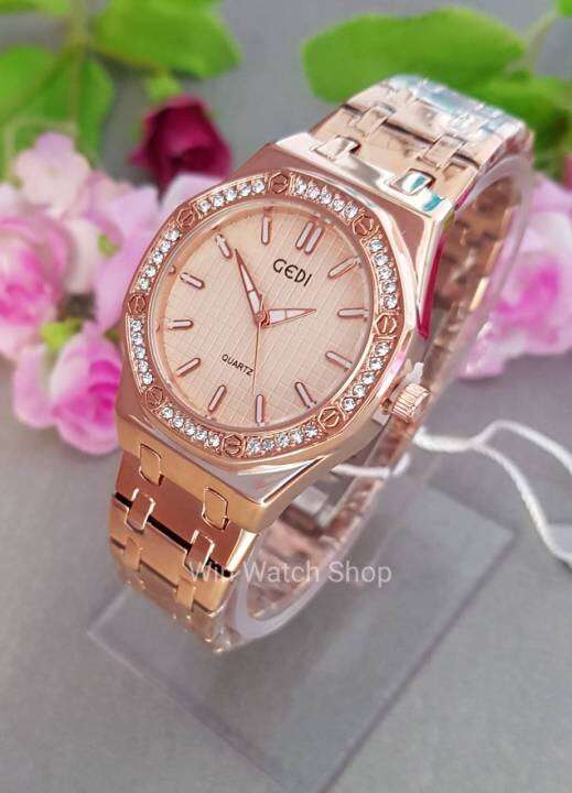 (ส่งฟรี) GEDI Watch นาฬิกาเกาหลี หน้าปัด สไตล์ปาเต๊ะ สายแสตนเลสสีพิงค์โ ...