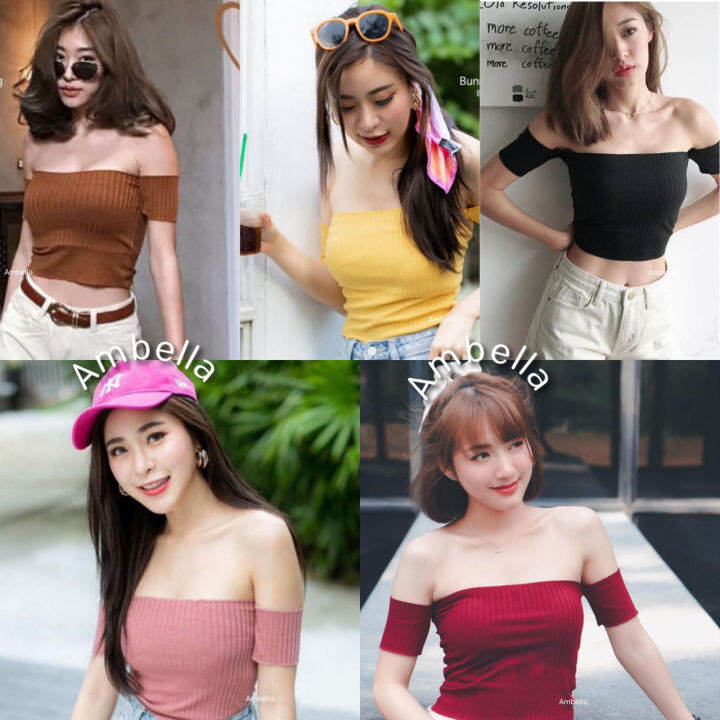 💜Ambella💜เสื้อครอป ปาดไหล่ ครอปมาร์กี้ ผ้าร่อง ใส่สบาย แฟชั่นผู้หญิง2022 | Lazada.co.th
