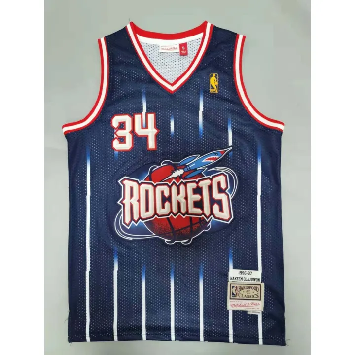 Retro NBA Mitchell & Ness Houston Rokets # 34 Hakeem Olajuwon Navy ...