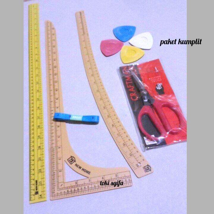 penggaris pola 3 gunting potong kapur 4 warna meteran warna acak ...