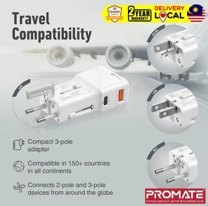 Original Promate Sleek Universal Travel Adapter with 20W Power Delivery ...