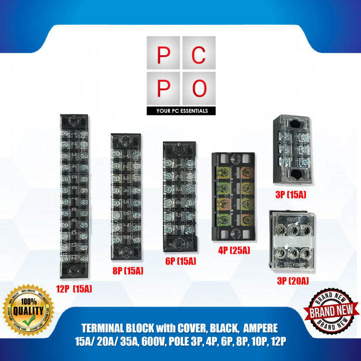 TERMINAL BLOCK with COVER, BLACK, AMPERE 15A/ 20A/ 35A, 600V, POLE 3P, 4P, 6P, 8P, 10P, 12P ...