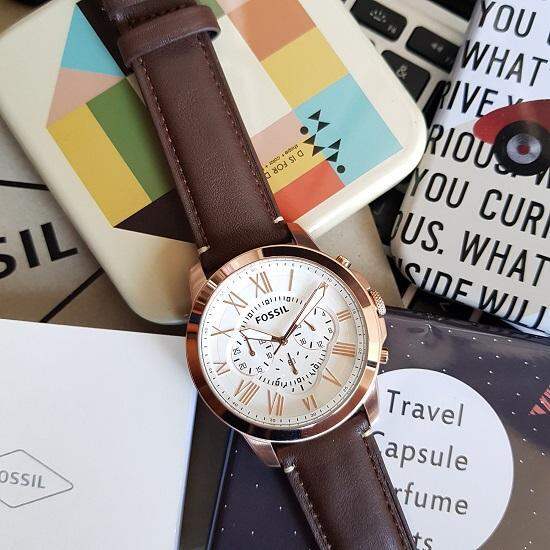 Fossil FS4991 Grant Chronograph Eggshell Dial Brown Leather Mens Watch ...
