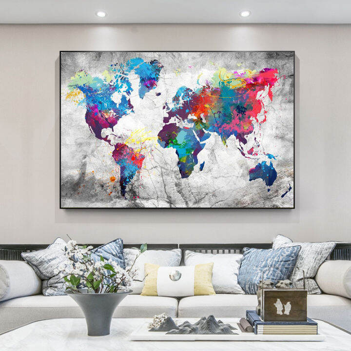 Abstract Art World Map Canvas Painting Home Office Wall Decorative ...
