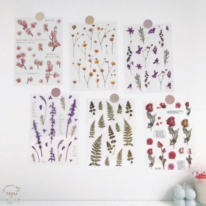 Sticker hoa lá trong suốt aesthetics vintage, dương xỉ, hoa hồng, hoa ...